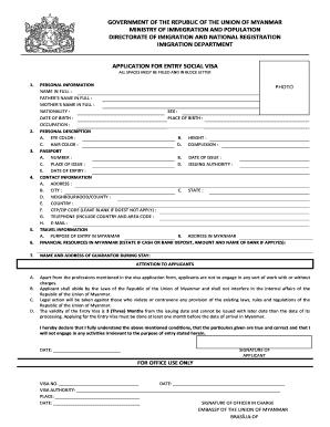Fillable Online Visa Application form - embassy of the union of myanmar ...