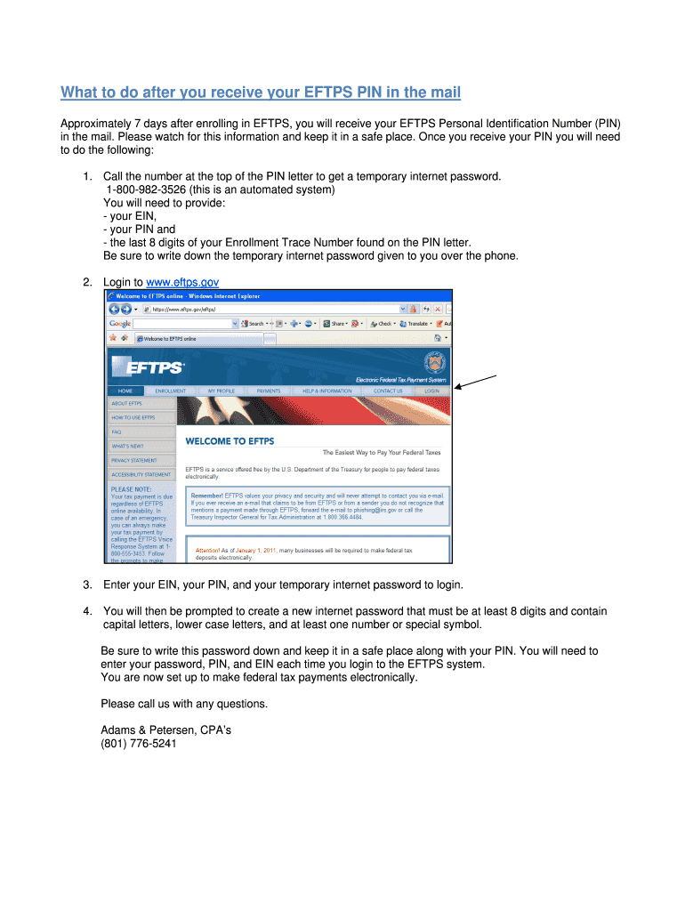 Fillable Online What to do after you receive your EFTPS PIN in the mail ...