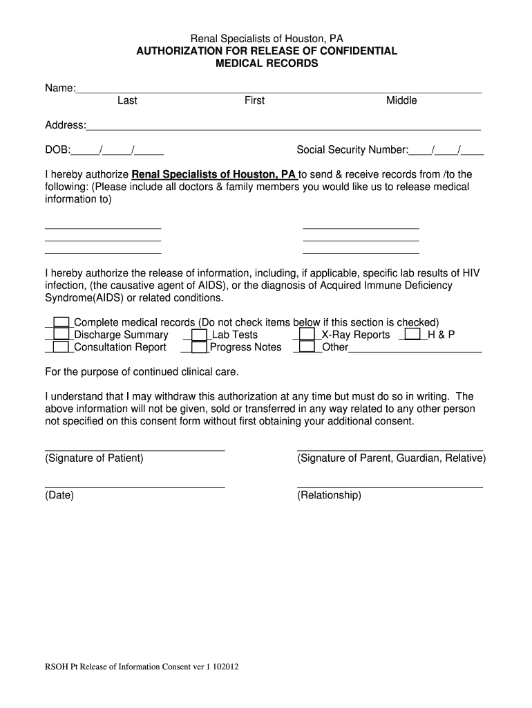 Fillable Online RSOH Pt Release of Information Consent ver 1 102012 Fax Email Print - pdfFiller