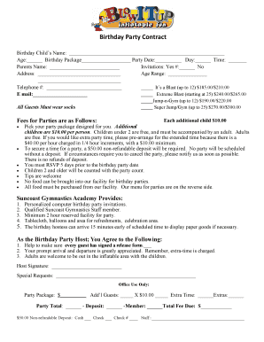 Fillable Online Birthday Party Contract Birthday Childs Name: Age ...
