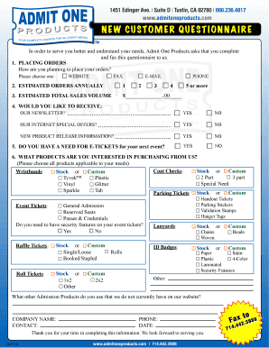 Fillable Online New customer questionnaire - Admit One Products Fax ...