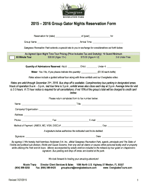 Fillable Online 2015 2016 Group Gator Nights Reservation Form Fax Email ...