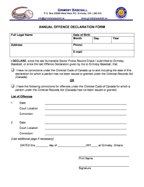 Fillable Online grimsbybaseball ANNUAL OFFENCE DECLARATION FORM ...