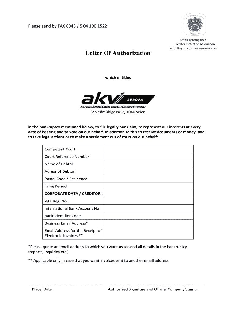 Fillable Online akv Letter Of Authorization - bAKVb EUROPA - akv Fax ...