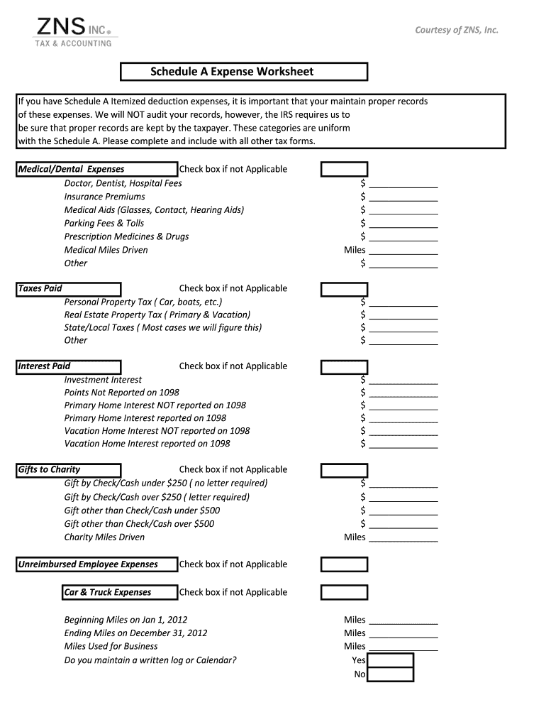 Fillable Online 7 Schedule A Worksheet - ZNS Inc Fax Email Print ...