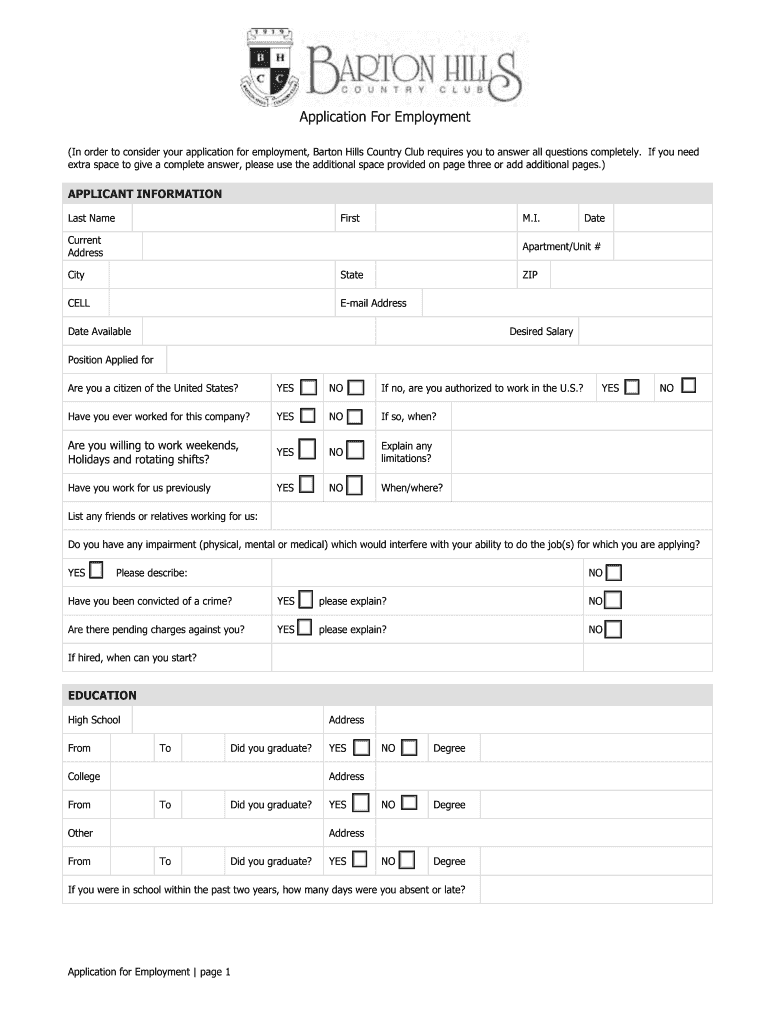 Fillable Online Employment application 2-pp - Barton Hills Country Club Fax Email Print - pdfFiller