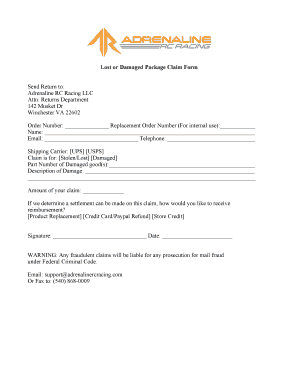 Fillable Online Lost or Damaged Package bClaim Formb Send Return to ...