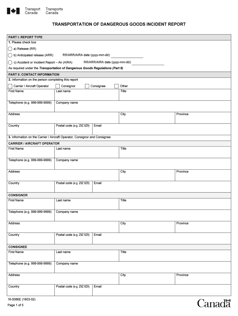 Fillable Online cantruck TRANSPORTATION OF DANGEROUS GOODS INCIDENT REPORT Fax Email Print ...