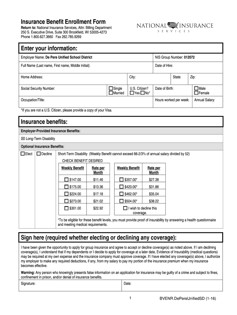 Fillable Online Enrollment Form - Unified School District of De Pere ...