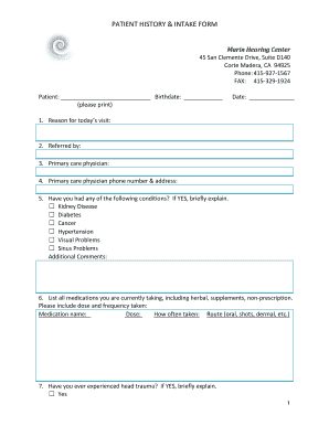 Fillable Online Patient History-and-Intake Form 1-30-16 - Marin Hearing Center Fax Email Print ...