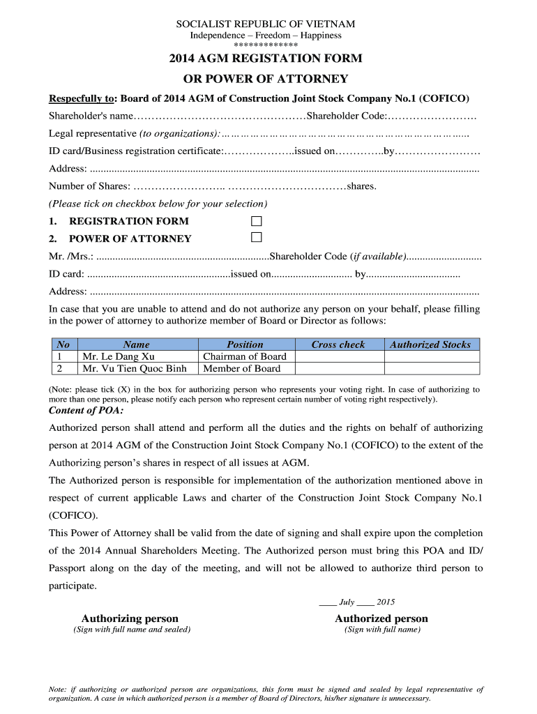 Fillable Online 2014 AGM REGISTATION FORM OR POWER OF ATTORNEY Fax ...