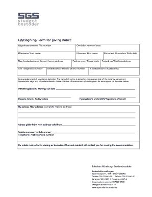 Fillable Online UppsgningForm for giving notice - SGS Studentbostder Fax Email Print - pdfFiller