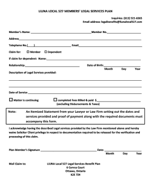 Fillable Online LIUNA LOCAL 527 MEMBERS' LEGAL SERVICES PLAN Note: An ...