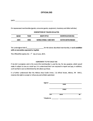 Fillable Online OFFICIAL BID DATE: , On repossessed merchandise (goods ...