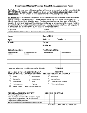 Fillable Online Beechwood Medical Practice Travel Risk Assessment Form ...