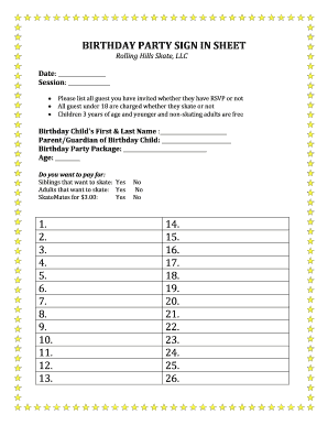 Fillable Online Birthday Party Sign In Sheet - Rolling Hills Skate Fax ...