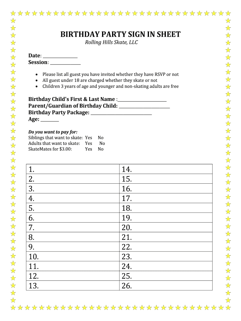 Fillable Online Birthday Party Sign In Sheet - Rolling Hills Skate Fax ...