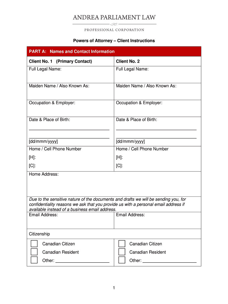 Fillable Online Powers of Attorney Client Instructions PART A Names and ...
