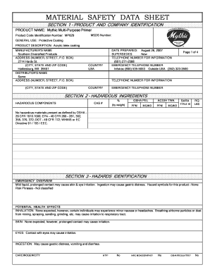 Fillable Online MATERIAL SAFETY DATA SHEET SECTION 1 PRODUCT AND ...