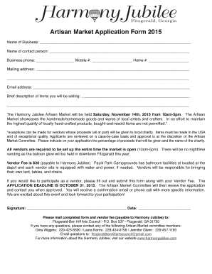 Fillable Online Artisan Market Application Form 2015 - Harmony Jubilee ...