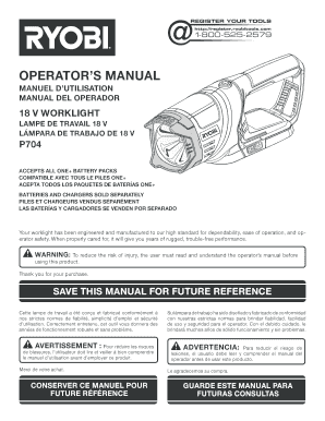 Fillable Online OPERATORS MANUAL MANUEL DUTILISATION MANUAL DEL OPERADOR 18 V WORKLIGHT LAMPE DE ...