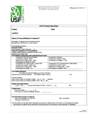 Fillable Online LEED Product Data Sheet Project: Date: Location ...