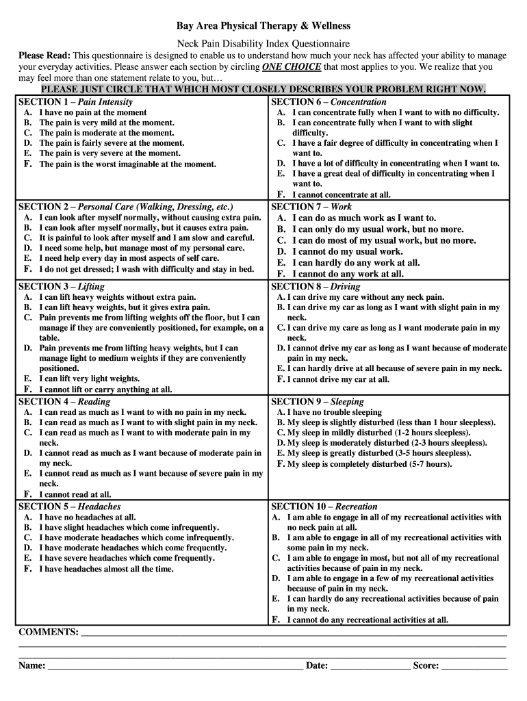 Fillable Online Neck Pain Disability Index Questionnaire Fax Email ...