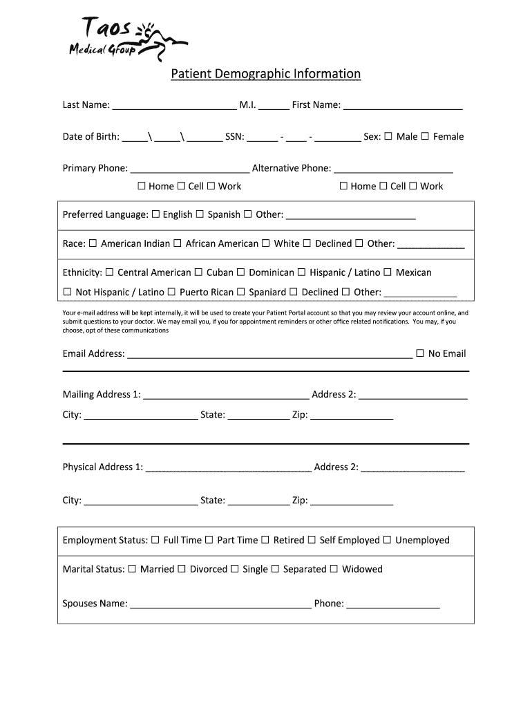 Fillable Online Patient Demographic Information - Taos Medical Group ...
