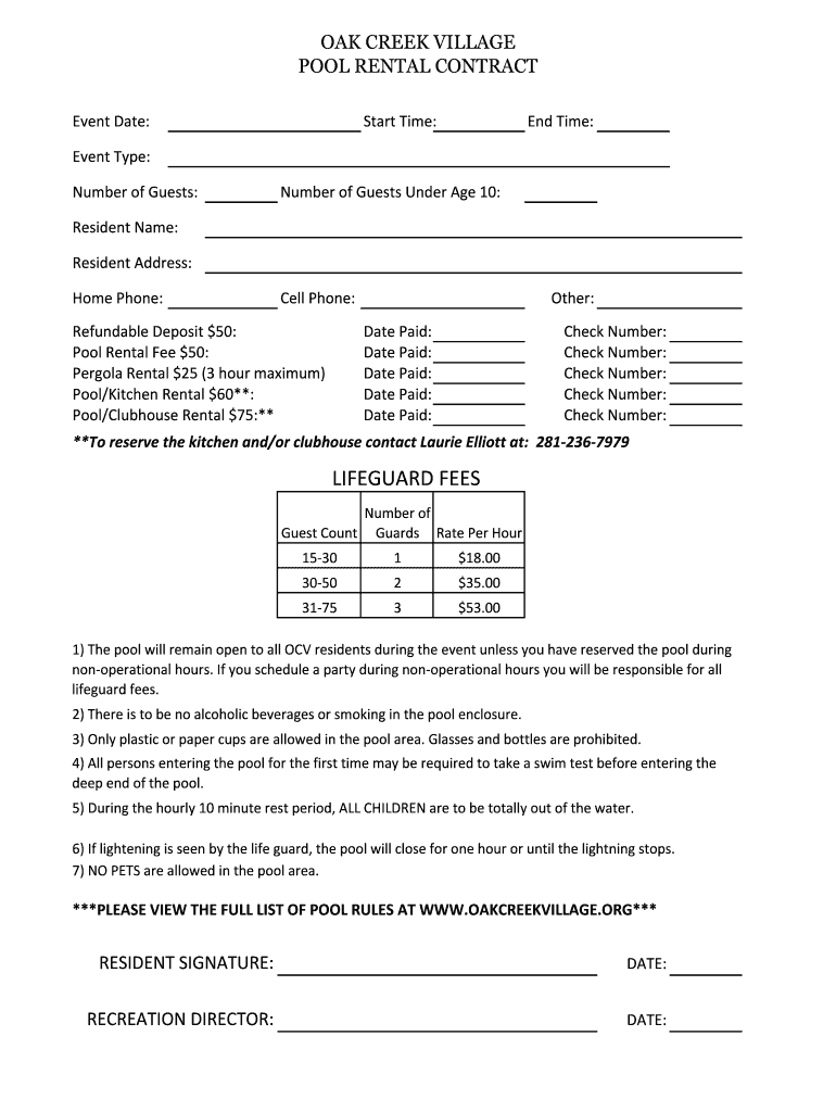 Fillable Online oakcreekvillage Pool party rental agreement - YMCA ...