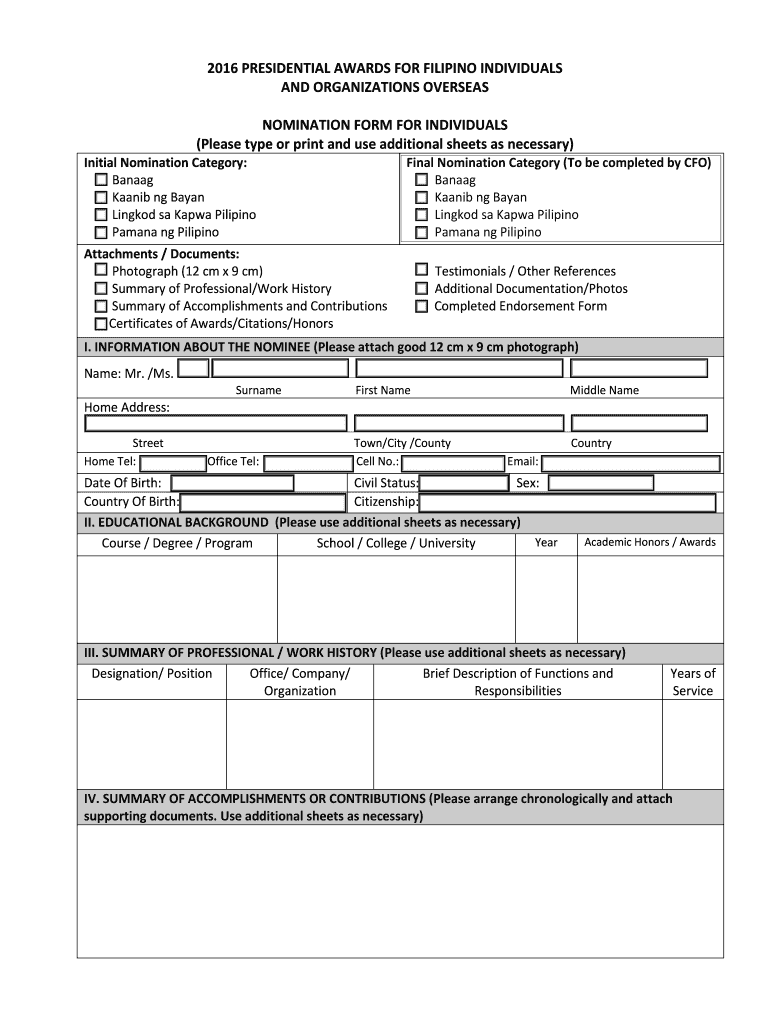 Fillable Online presidentialawards cfo gov 2016 PRESIDENTIAL AWARDS FOR ...