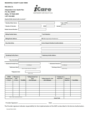 Fillable Online icare-wi RESIDENTIAL FACILITY CLAIM FORM Fax Email Print - pdfFiller