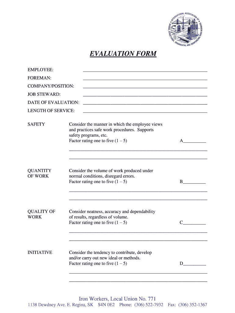 Fillable Online local771 EVALUATION FORM - Saskatchewan Ironworkers ...