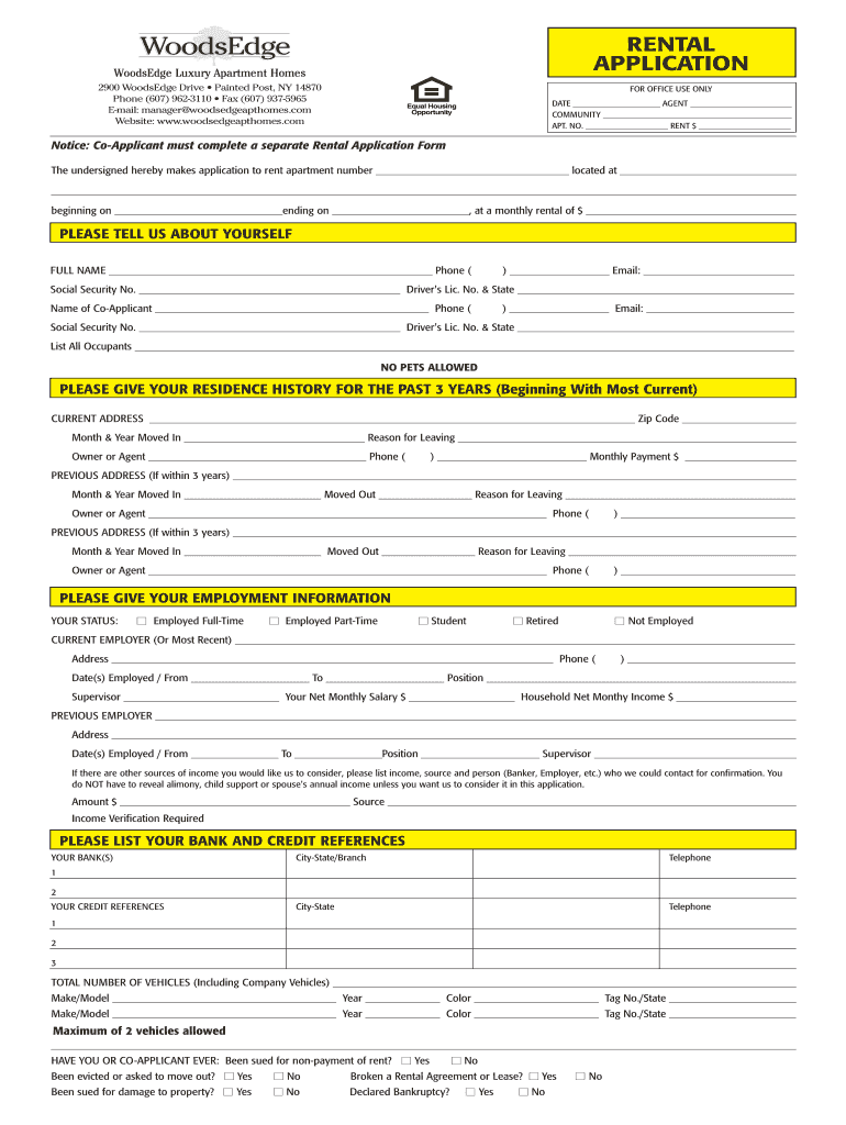 Fillable Online WoodsEdge RENTAL APPLICATION WoodsEdge Luxury Apartment ...