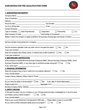 Fillable Online SUBCONTRACTOR PRE-QUALIFICATION FORM - bSWCSb bIncb Fax ...