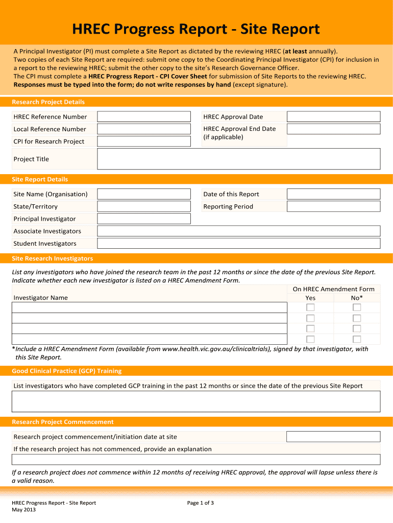 Fillable Online www2 health vic gov HREC Progress Report Site ...