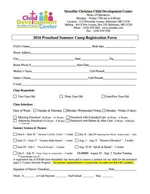 Fillable Online 2016 Preschool Summer Camp Registration Form Fax Email ...