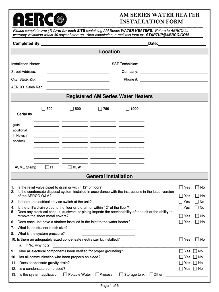Fillable Online AM SERIES WATER HEATER INSTALLATION FORM - Home AERCO ...