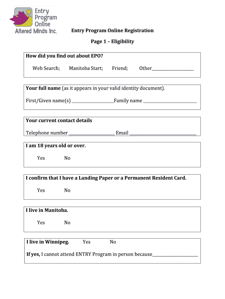 Fillable Online entryprogram Entry Program Online Registration Page 1 ...