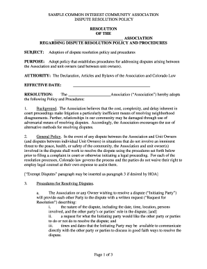 Fillable Online RESOLUTION OF THE ASSOCIATION REGARDING DISPUTE ...