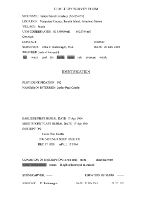 Fillable Online ashpo Cemetery survey form identification - American ...