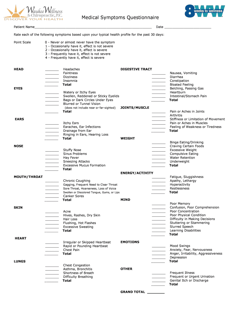 Fillable Online Medical Symptoms Questionnaire - bwaukeewellnessbbcomb ...