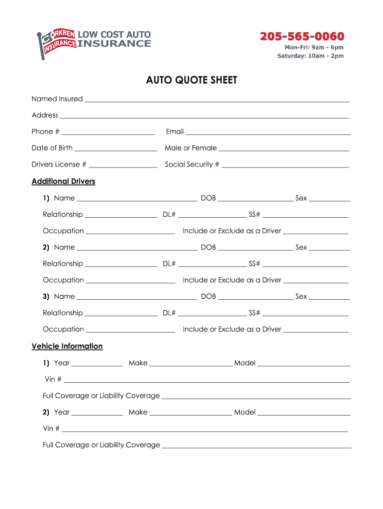 Fillable Online AUTO QUOTE SHEET - bcorkreninsurancebbcomb Fax Email ...