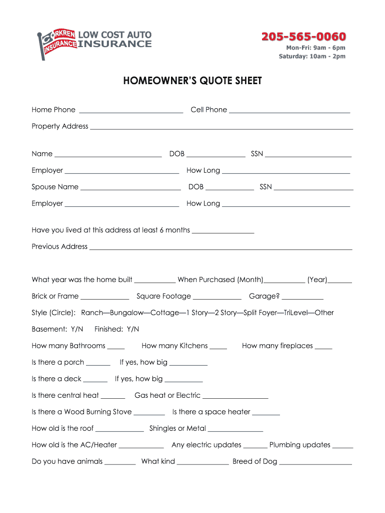 Fillable Online HOMEOWNER S QUOTE SHEET - Corkren Insurance Fax Email ...