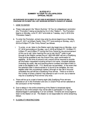Fillable Online REVISED KLLC Summer Tour Lollapalooza On-Air Rules Fax ...