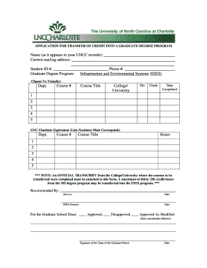 Fillable Online ines uncc APPLICATION FOR TRANSFER OF CREDIT INTO A ...