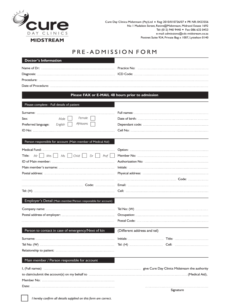 Fillable Online curedayclinics co PRE- ADMISSION FORM Doctor s ...