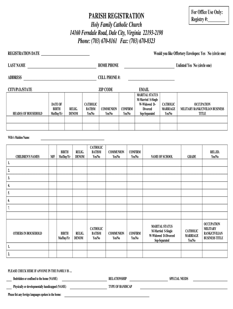 Fillable Online PARISH REGISTRATION For Office Use Only Holy Family Fax Email Print - pdfFiller