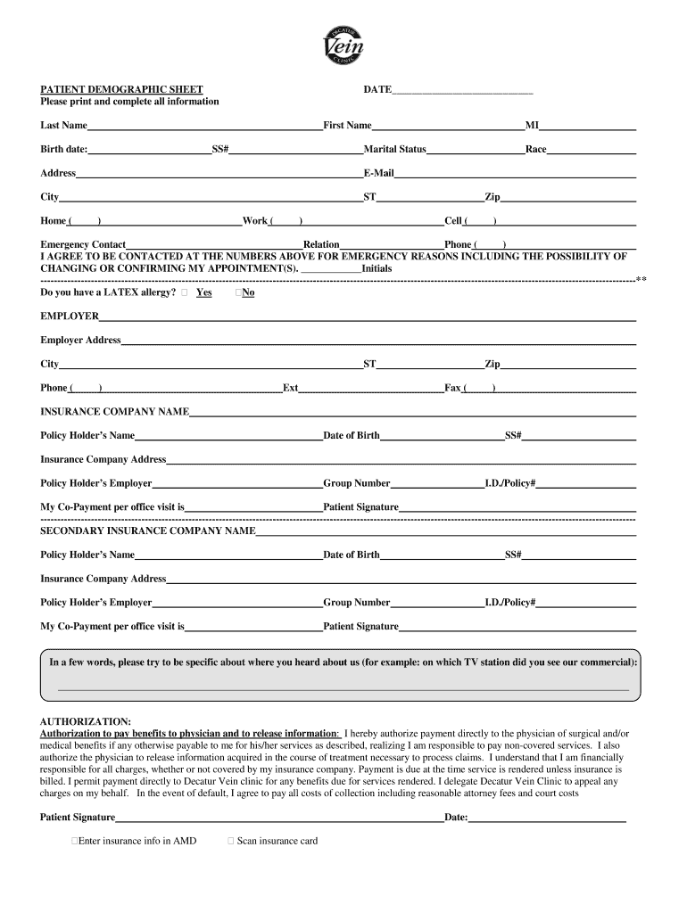Fillable Online PATIENT DEMOGRAPHIC SHEET ... - Decatur Vein Clinic Fax ...