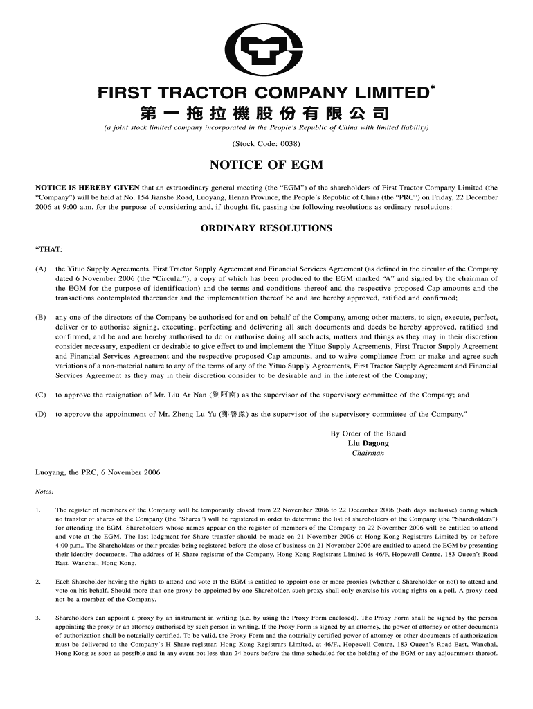 Fillable Online First Tractor Company Limited Notice of EGM Fax Email Print - pdfFiller