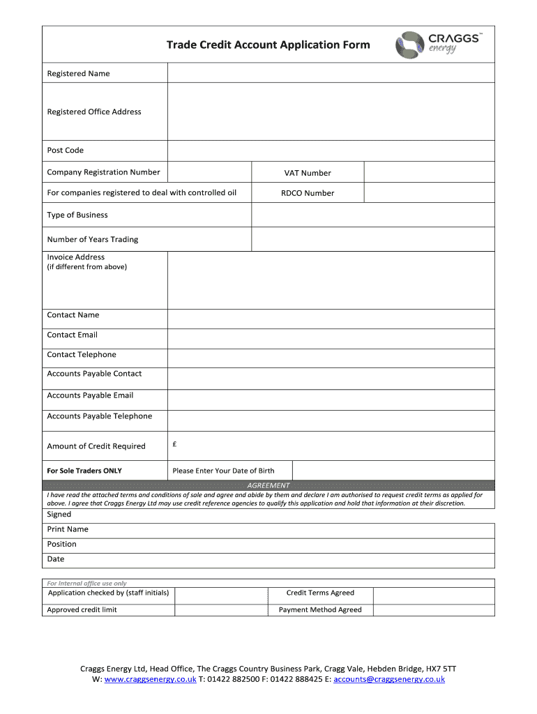 Fillable Online craggsenergy co Trade Credit Account Application Form ...
